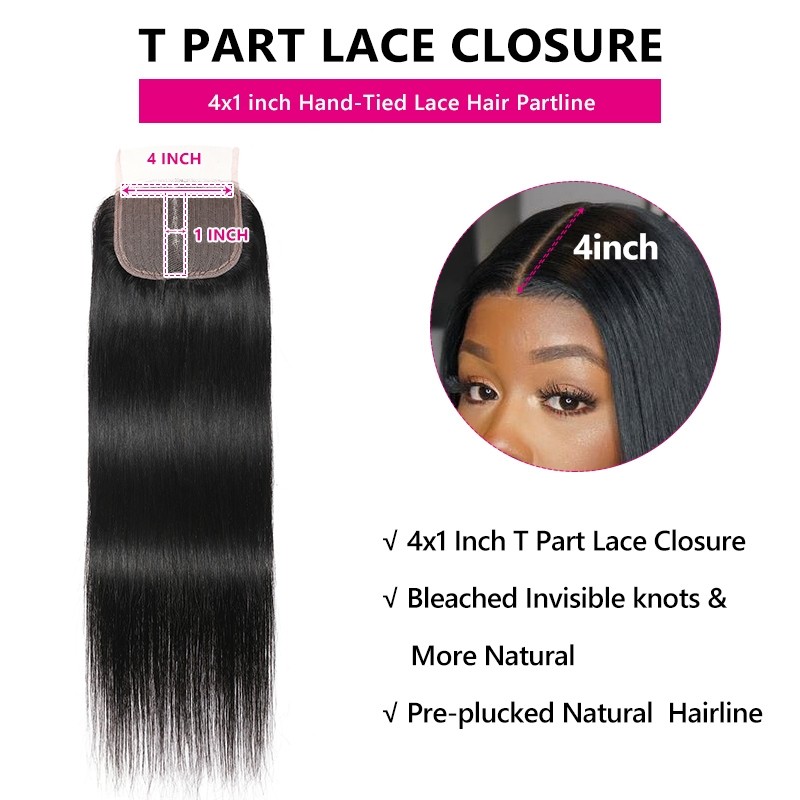 Beautyforever 1 PCS T Part Lace Closure Virgin Human Hair Middle Part ...
