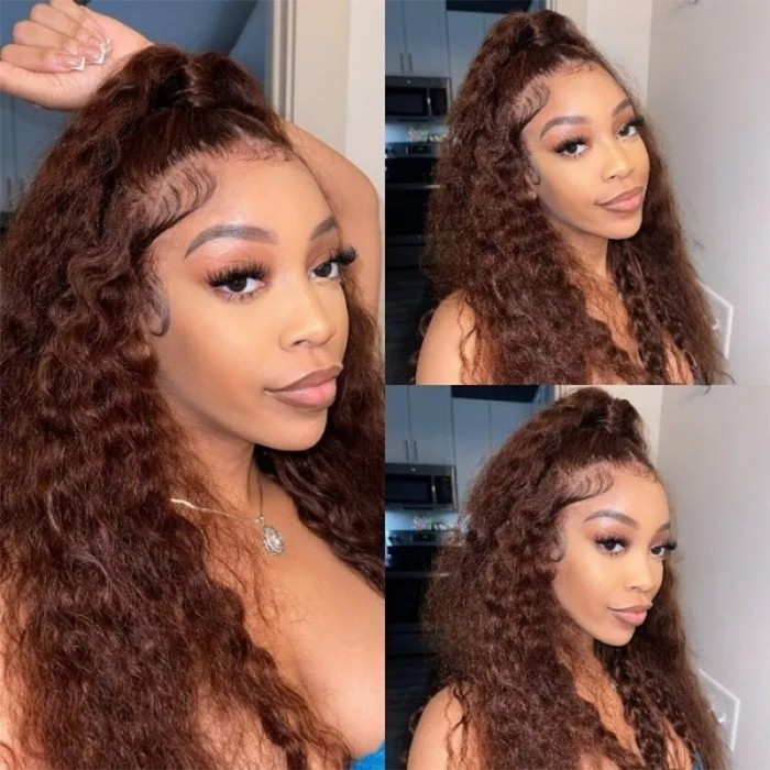Beautyforever 33B Dark Auburn Water Wave 13x4 Lace Front Human Hair Wigs Pre Plucked With Baby ...