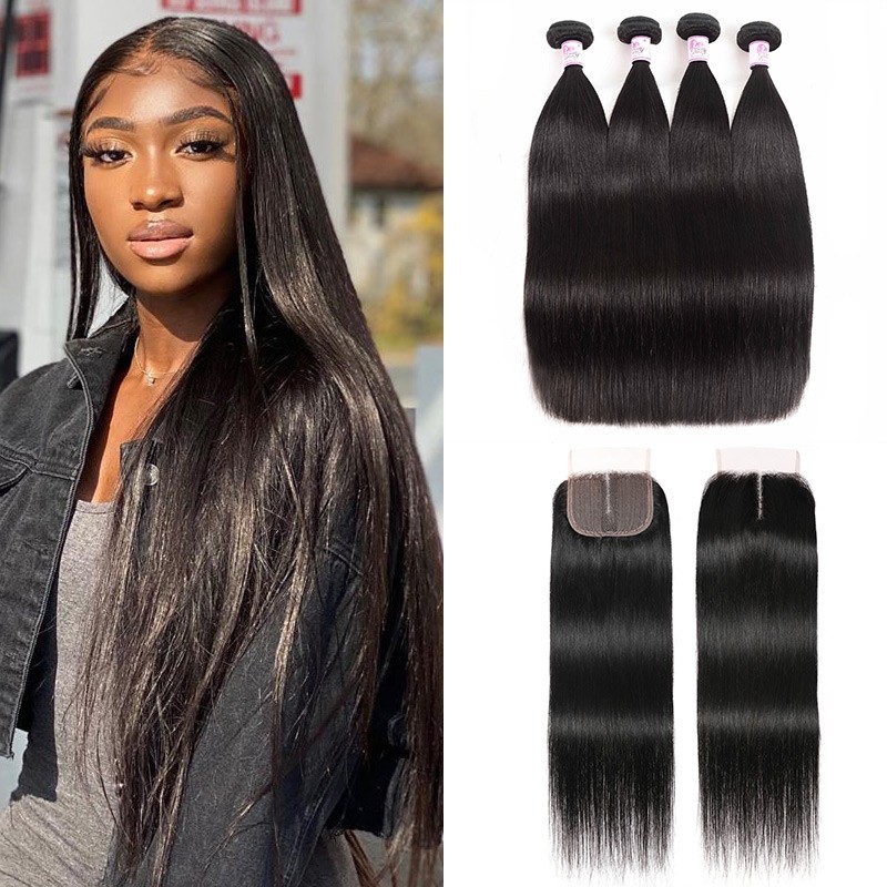 Beautyforever Best 4Bundles With T Part Lace Closure Straight Human ...