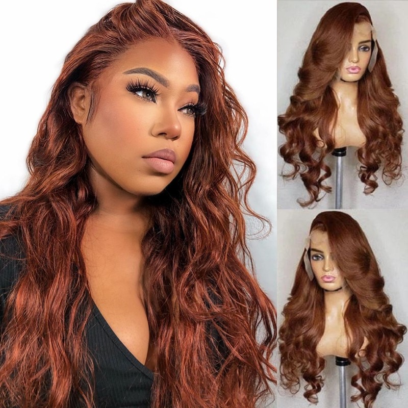 Beautyforever Pre-plucked 13x4 Lace Front Wigs 33B Color Wig Body Wave Dark Auburn Human Hair ...
