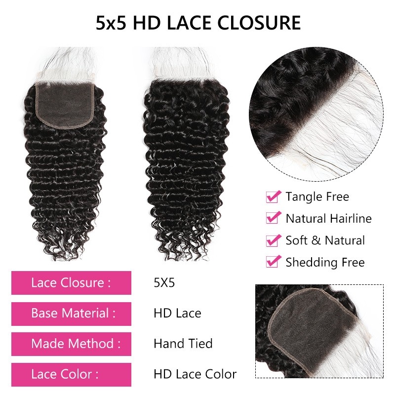 Beautyforever Invisible 5x5 HD Lace Closure With 3 Bundles Deep Wave Sew In