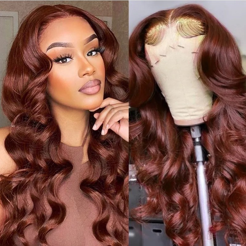 Beautyforever Pre-plucked 13x4 Lace Front Wigs 33B Color Wig Body Wave Dark Auburn Human Hair ...